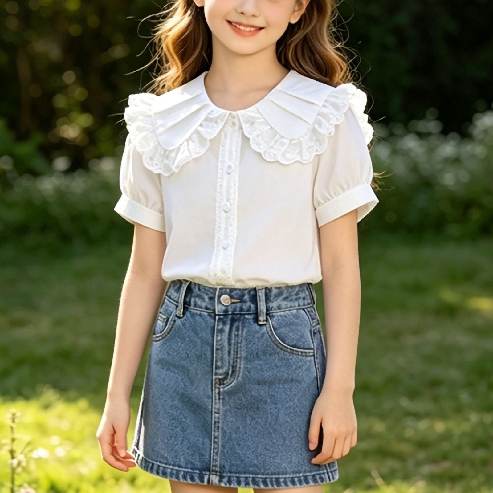 BRGZLK Girls Button Down Shirts Summer Cute Ruffle Collar Puff Sleeve ...