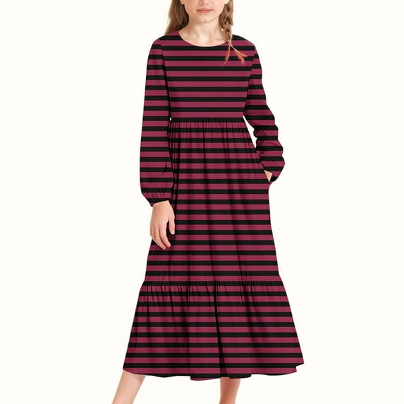 BRGZLK Girls Casual Long Sleeve Dresses Kids Summer Solid Color Stripe ...