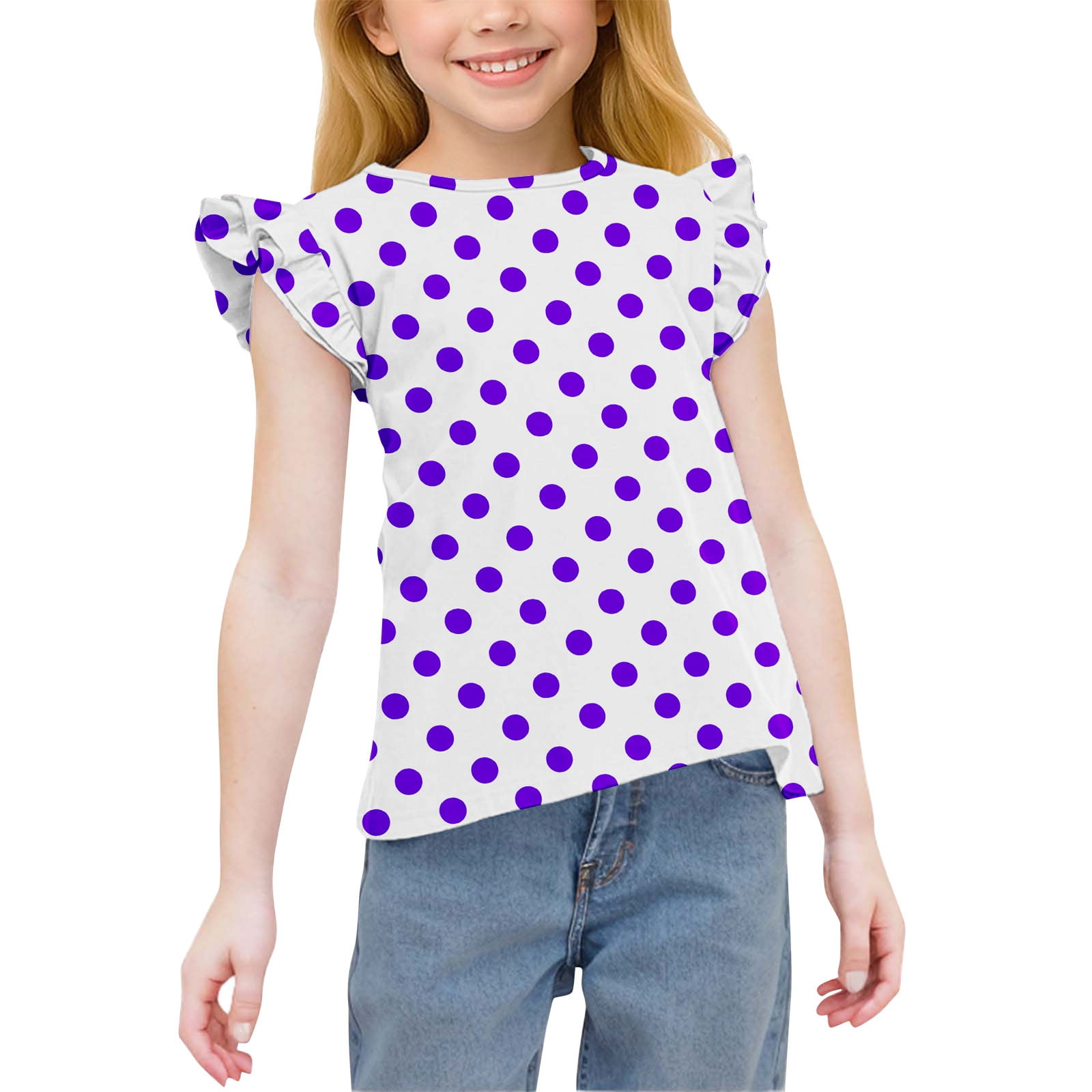 BRGZLK Girls Casual T Shirt Summer 2026 Ruffle Edge Polka Dot Round ...