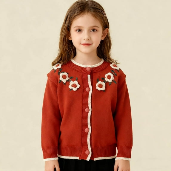 BRGZLK Girls Coat Cute Flower Round Neck Cardigan Sweater Buttons Long Sleeve Toddler Knitted ...