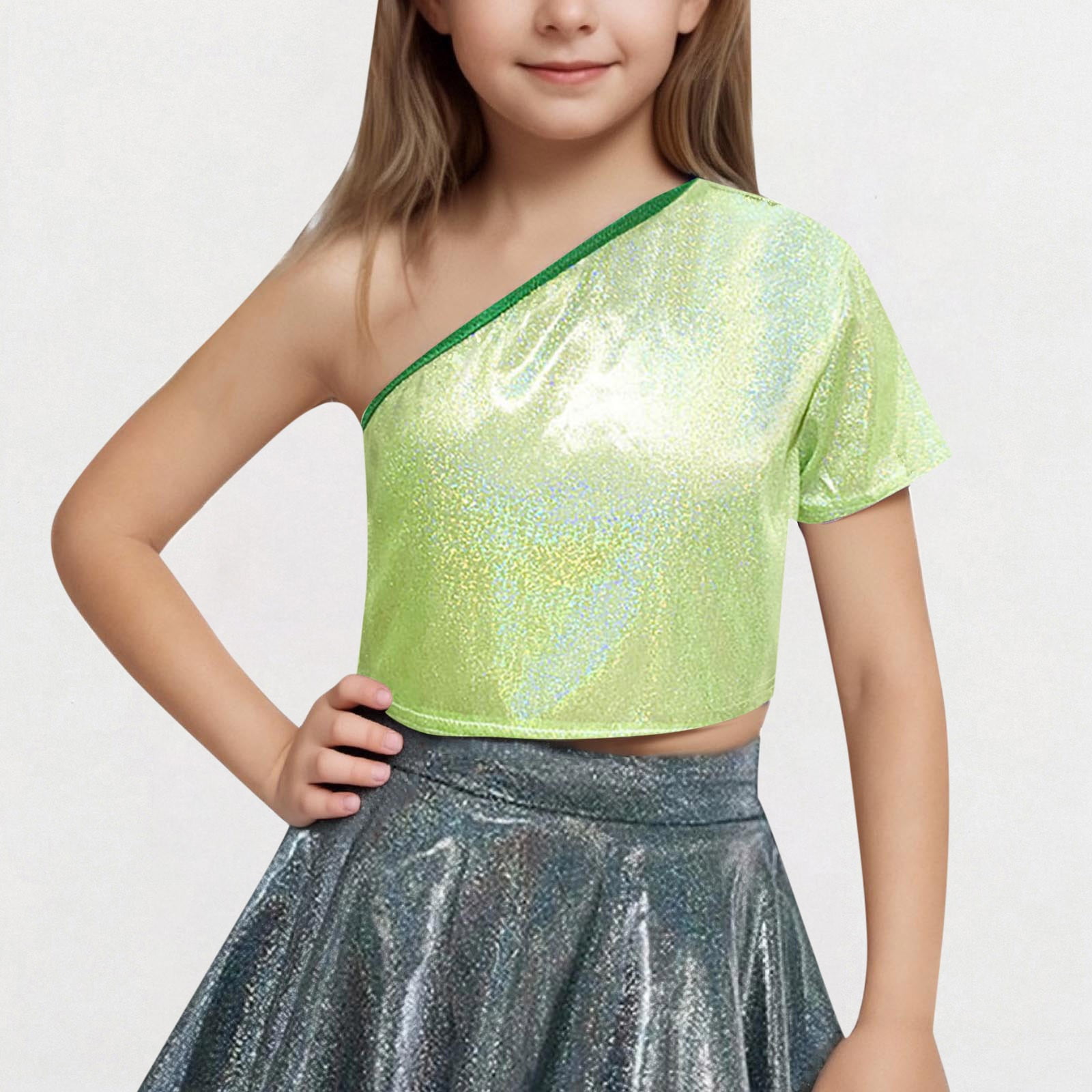 BRGZLK Girls Glitter Metallic Dance Crop Tops Solid Color Kids Laser ...