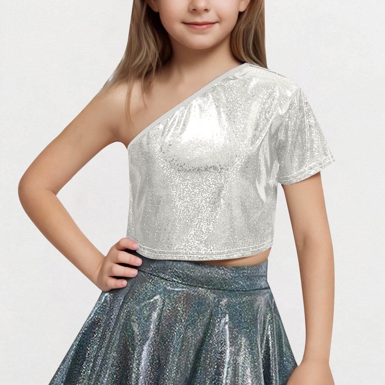 BRGZLK Girls Glitter Metallic Dance Crop Tops Solid Color Kids Laser ...