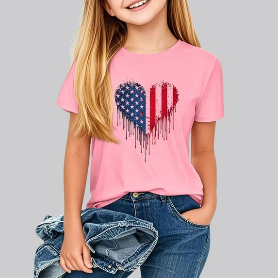 BRGZLK Girls Graphic Basic Tees 4th of July Funny Heart Print Casual ...