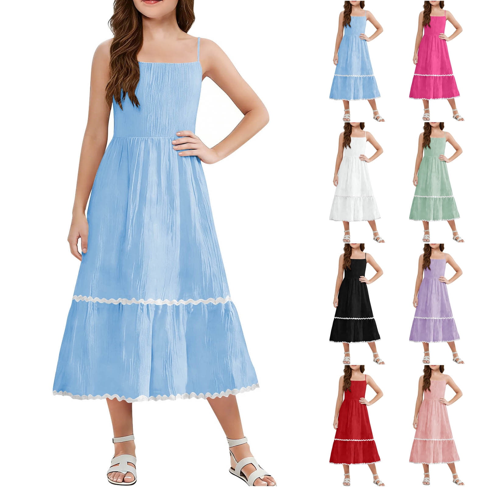 BRGZLK Girls Lace Trim Spaghetti Strap Dress for Kids Casual Summer ...