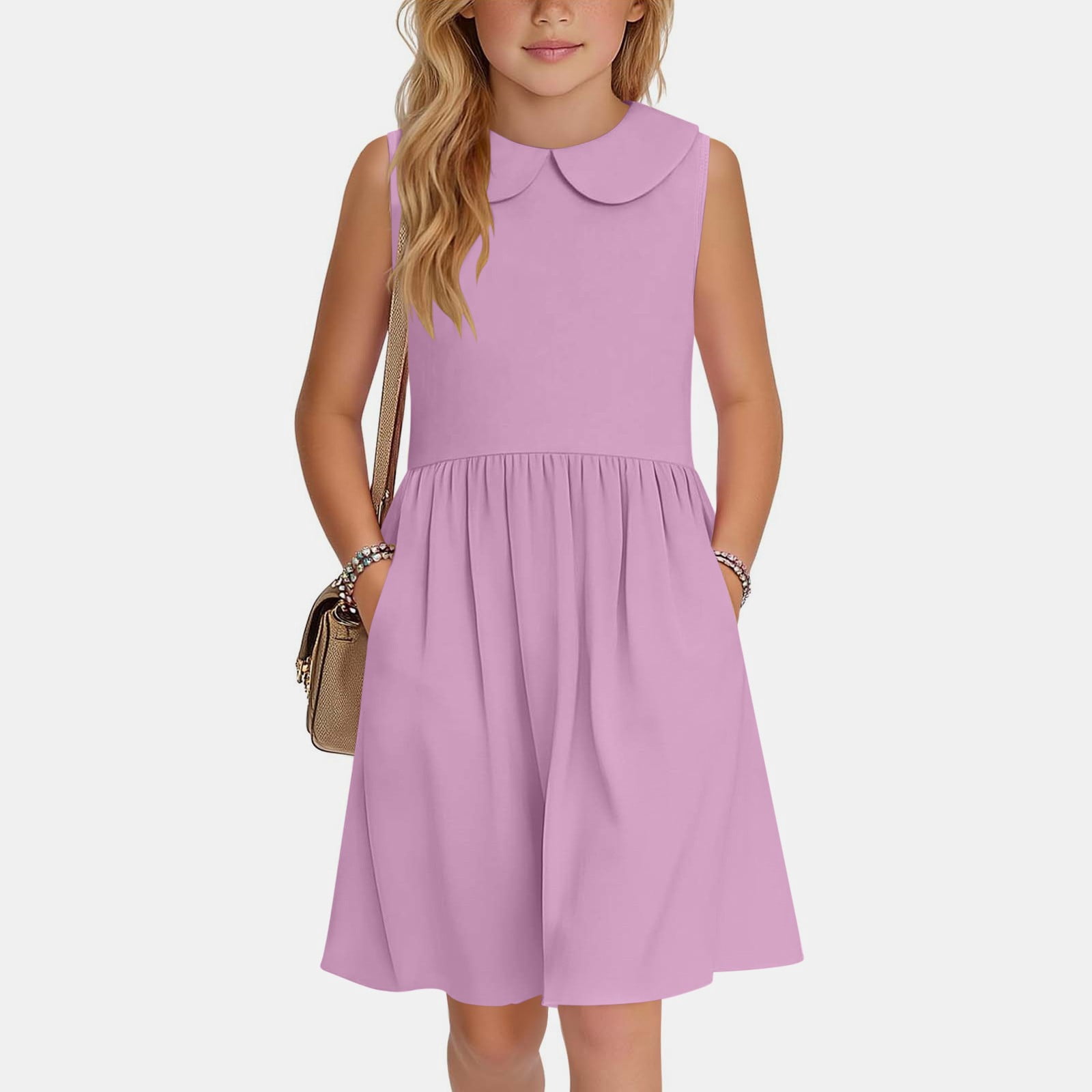 BRGZLK Girls Linen Dress Summer Solid Color Peter Pan Collar Sleeveless ...