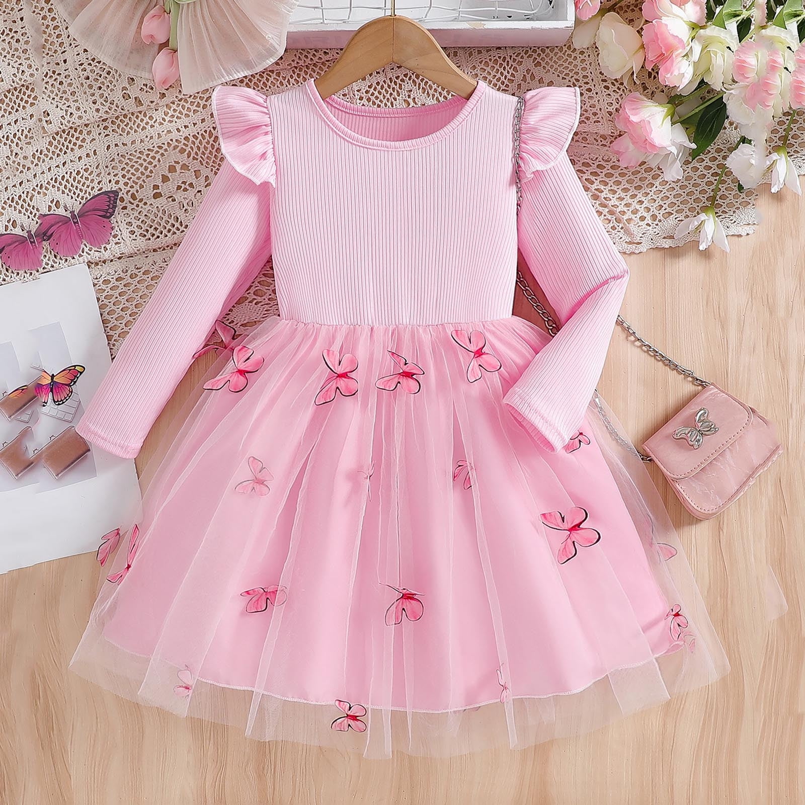 BRGZLK Girls Sparkle Princess Summer Long Sleeve Flutter Sleeve Round ...