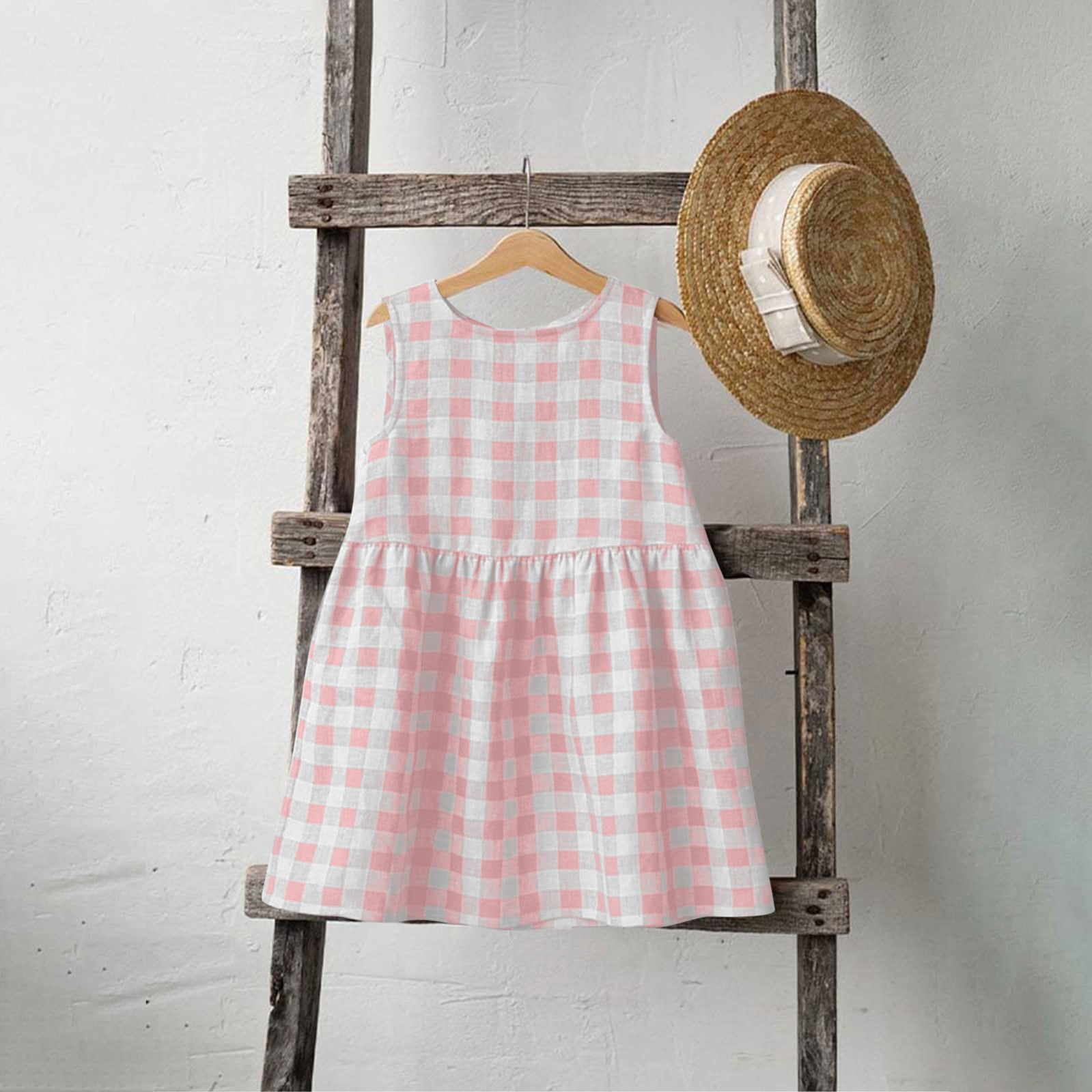 BRGZLK Girls Summer Cotton Linen Dresses Trendy Checkered Print Round ...
