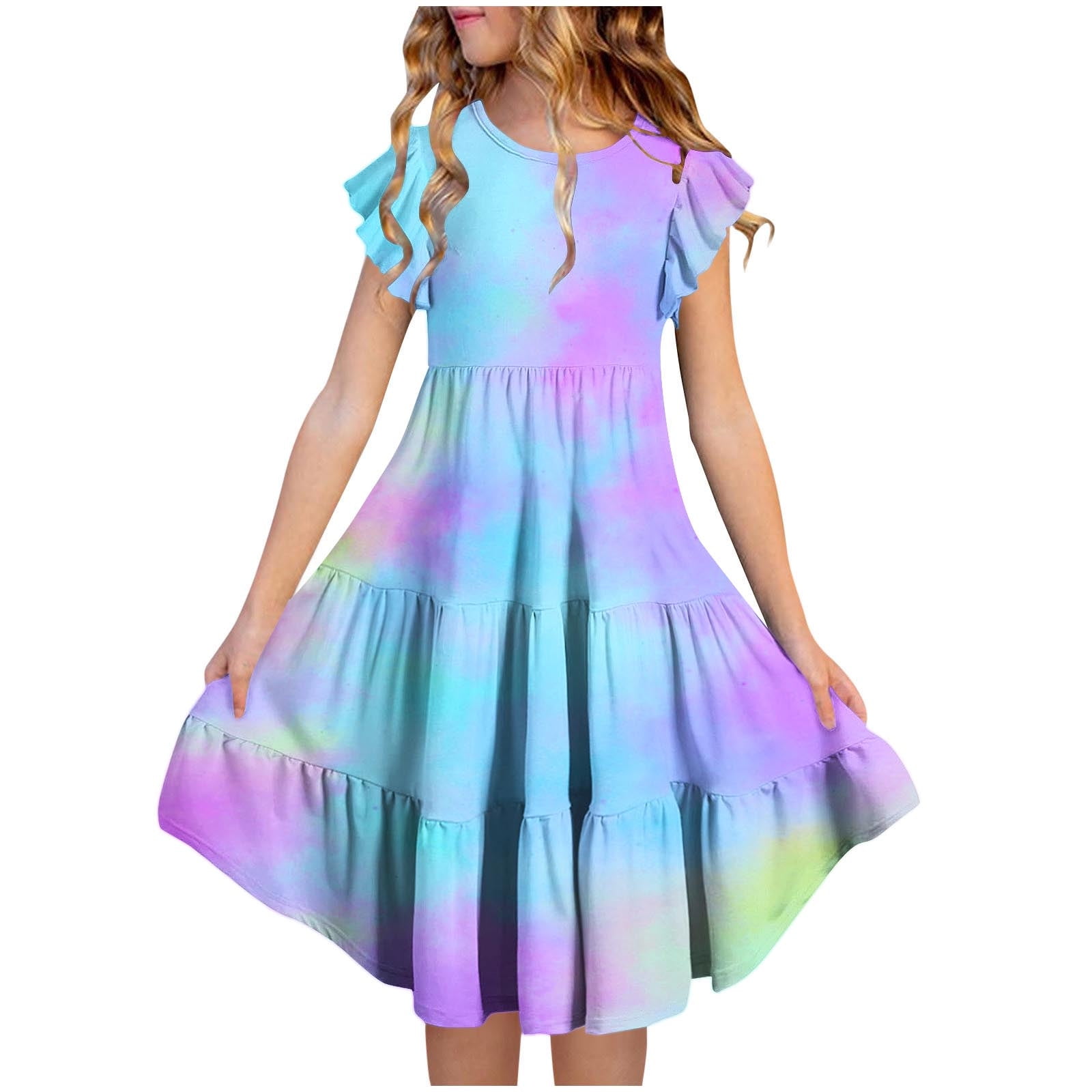 BRGZLK Girls Summer Dress Trendy Gradient Round Neck Short Sleeve ...