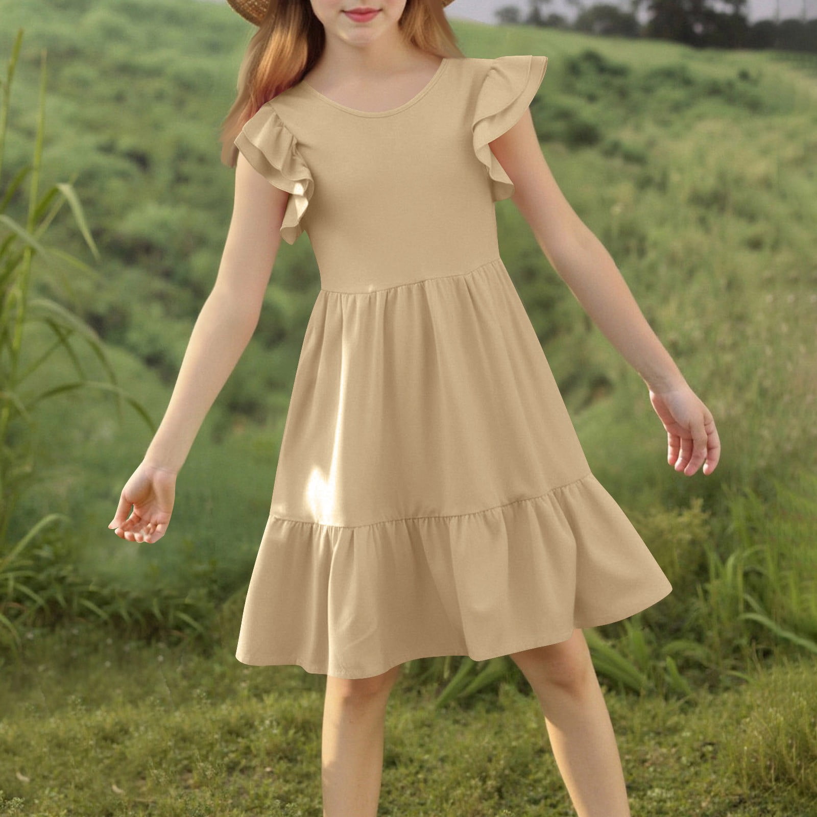 BRGZLK Girls Summer Dresses Fashion Solid Double Layer Ruffle Sleeve ...