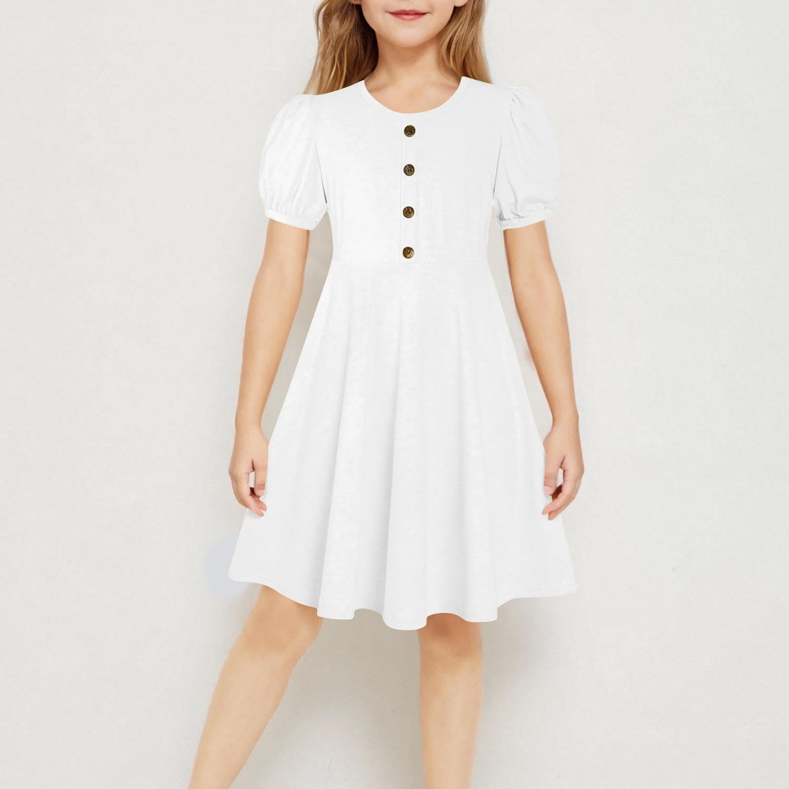 BRGZLK Girls Summer Dresses Trendy Solid Color Round Neck Puff Sleeve A ...