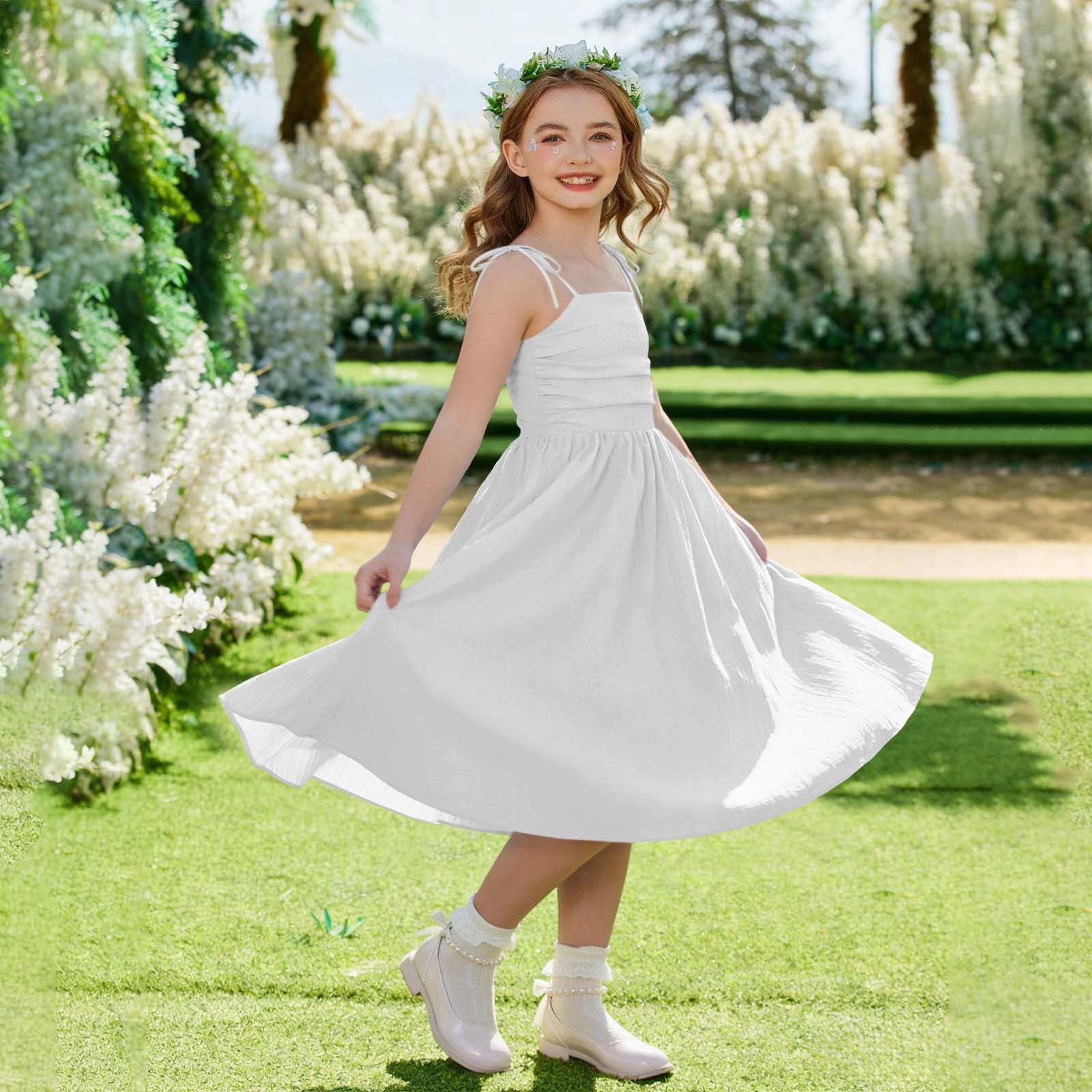 BRGZLK Girls Summer Midi Dress Daily 2026 Cute Solid Color Spaghetti ...