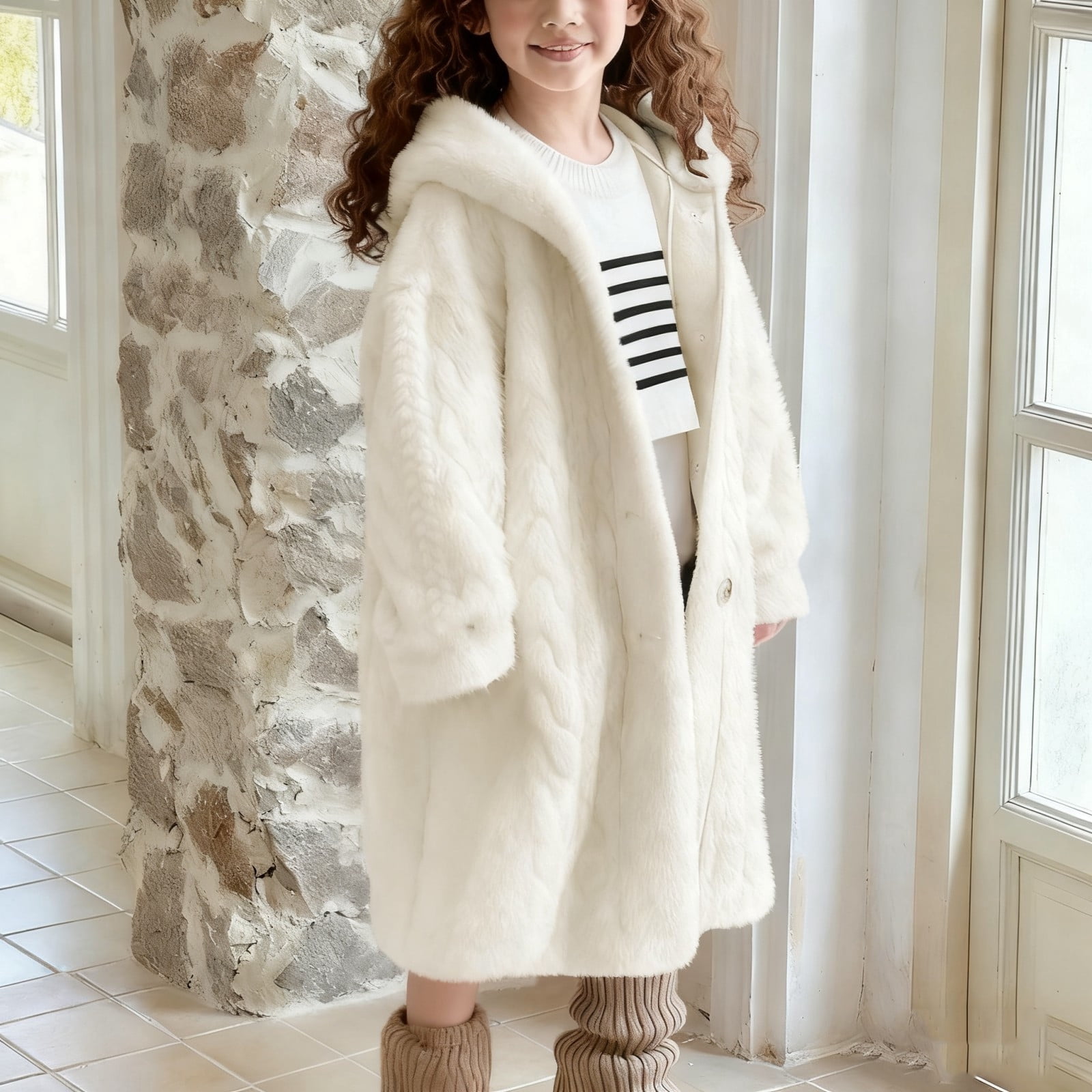 BRGZLK Girls White Coat Kids Fluffy Long Sleeve Hooded Button Jacket ...