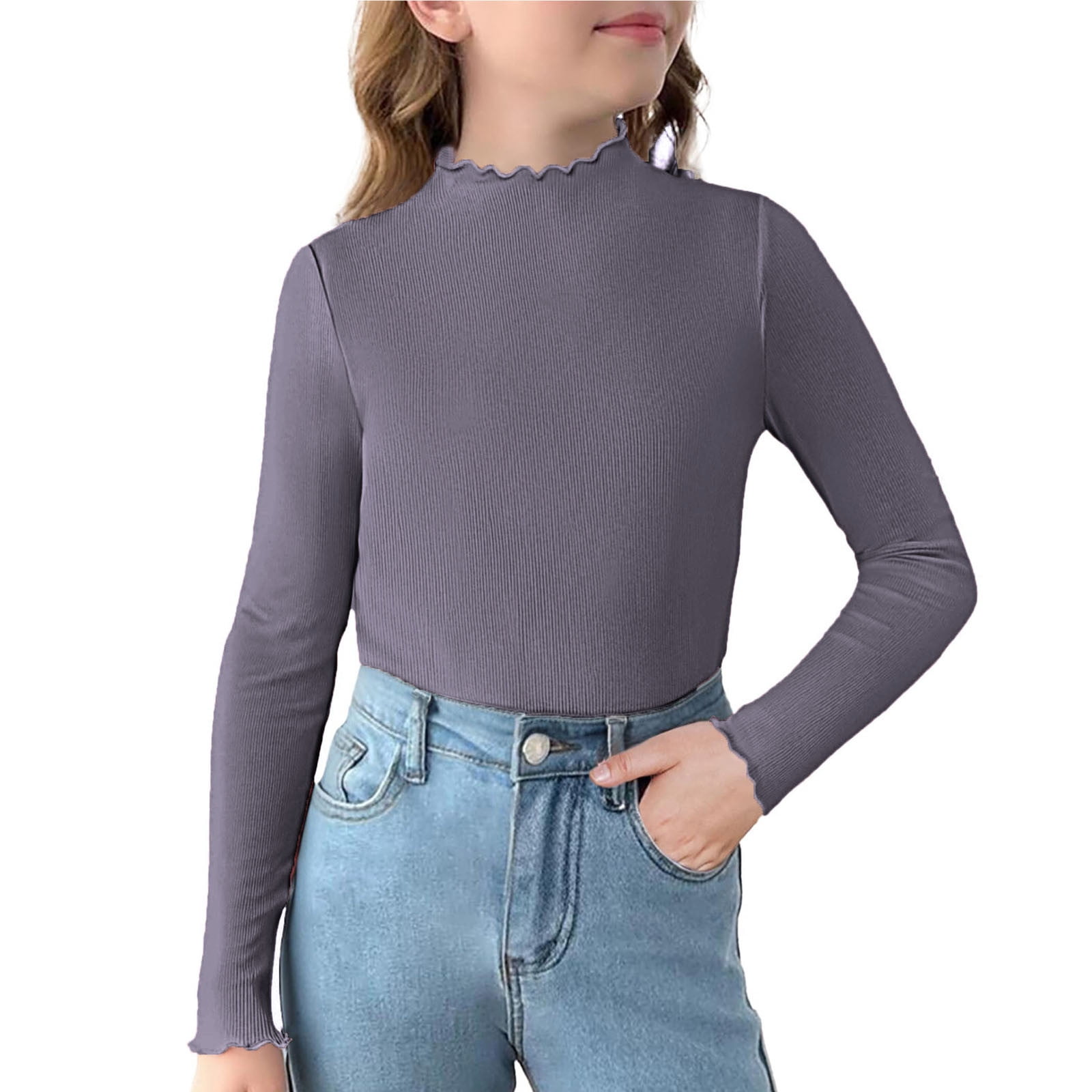 BRGZLK Girls Winter Solid Color Cotton Long Sleeved Round Neck Top ...