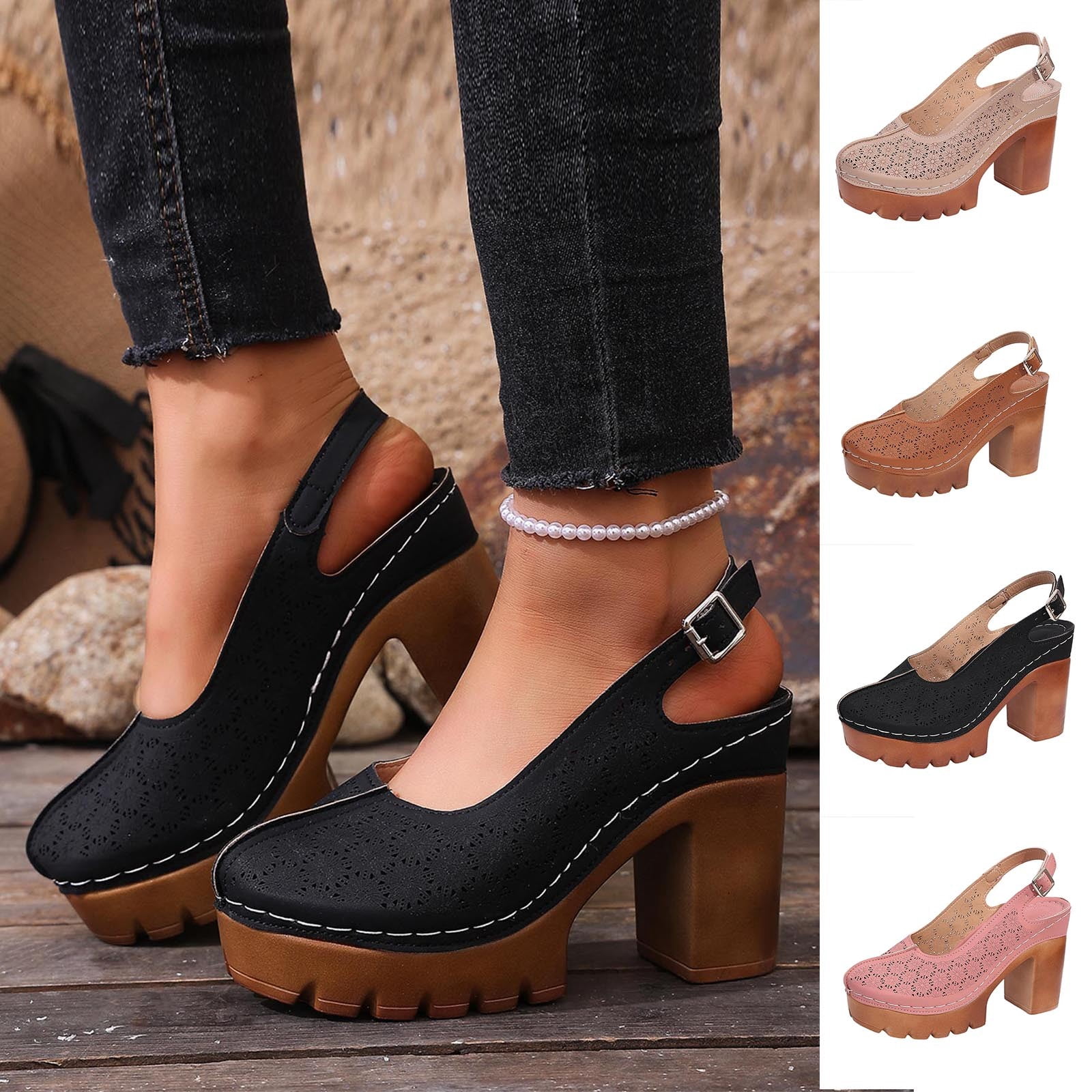 BRGZLK High Heel Sandals For Women Pearl Ankle Strap Block Heel Closed ...