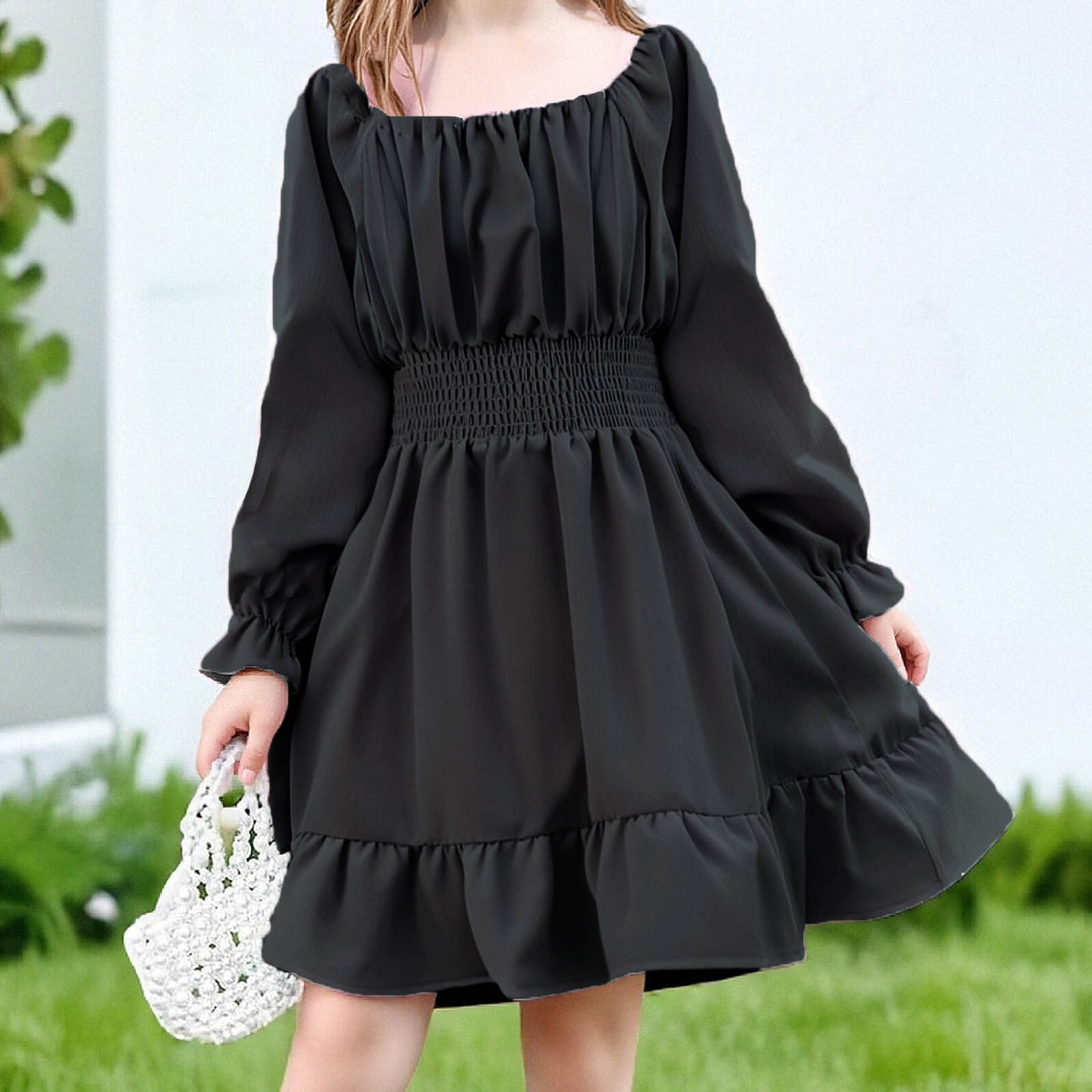 BRGZLK Kids Girl's Spring Summer Dresses Solid Color Square Neck Flared ...