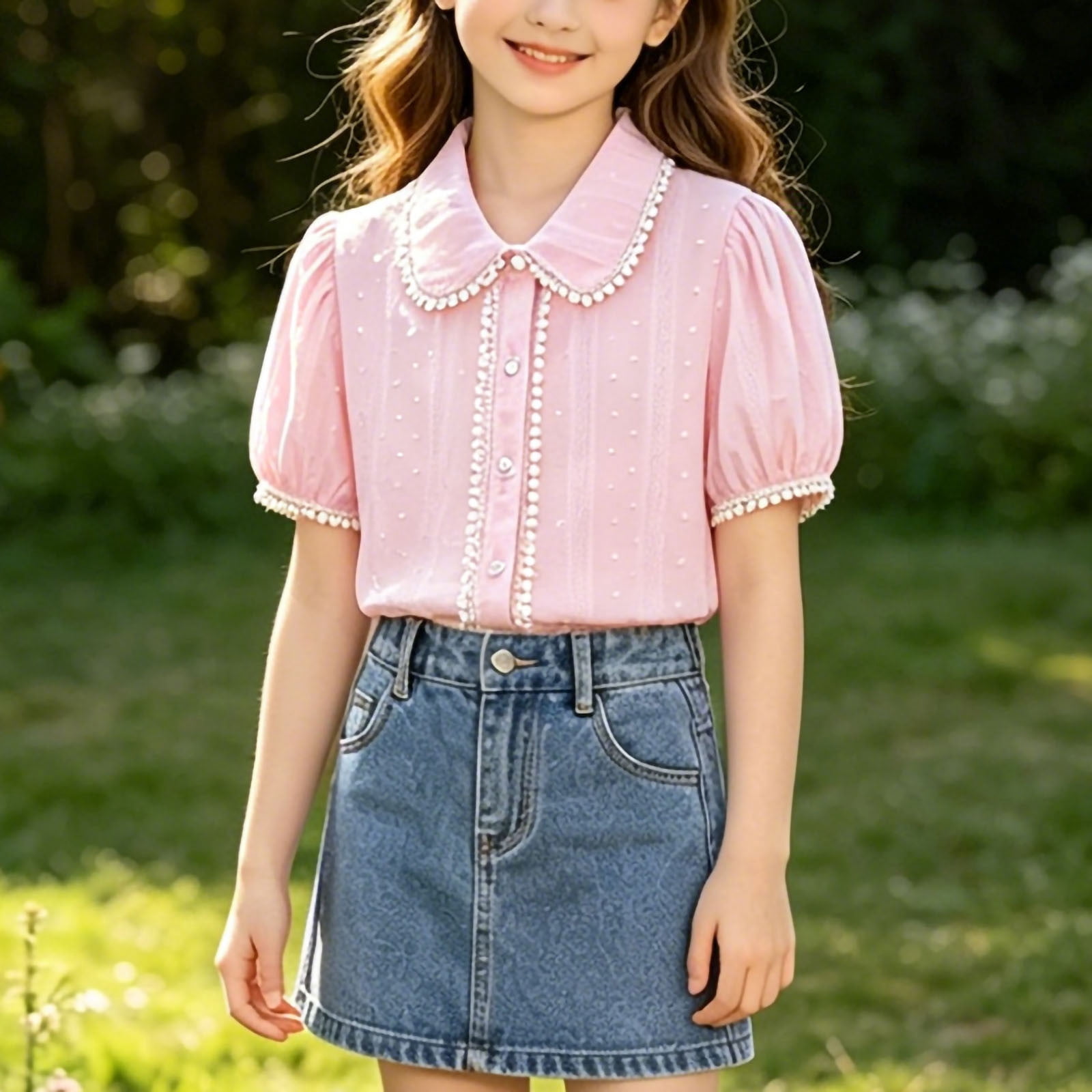 BRGZLK Kids Girls Button Down Shirts Cute Lace Lettuce Trim Puff Short ...