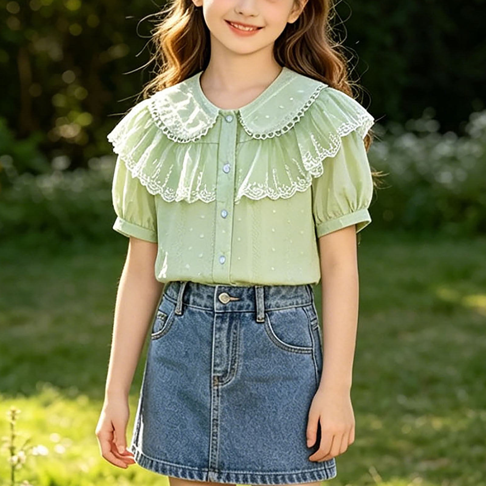 BRGZLK Kids Girls Button Down Shirts Cute Ruffle Lace Trim Turn-Down ...