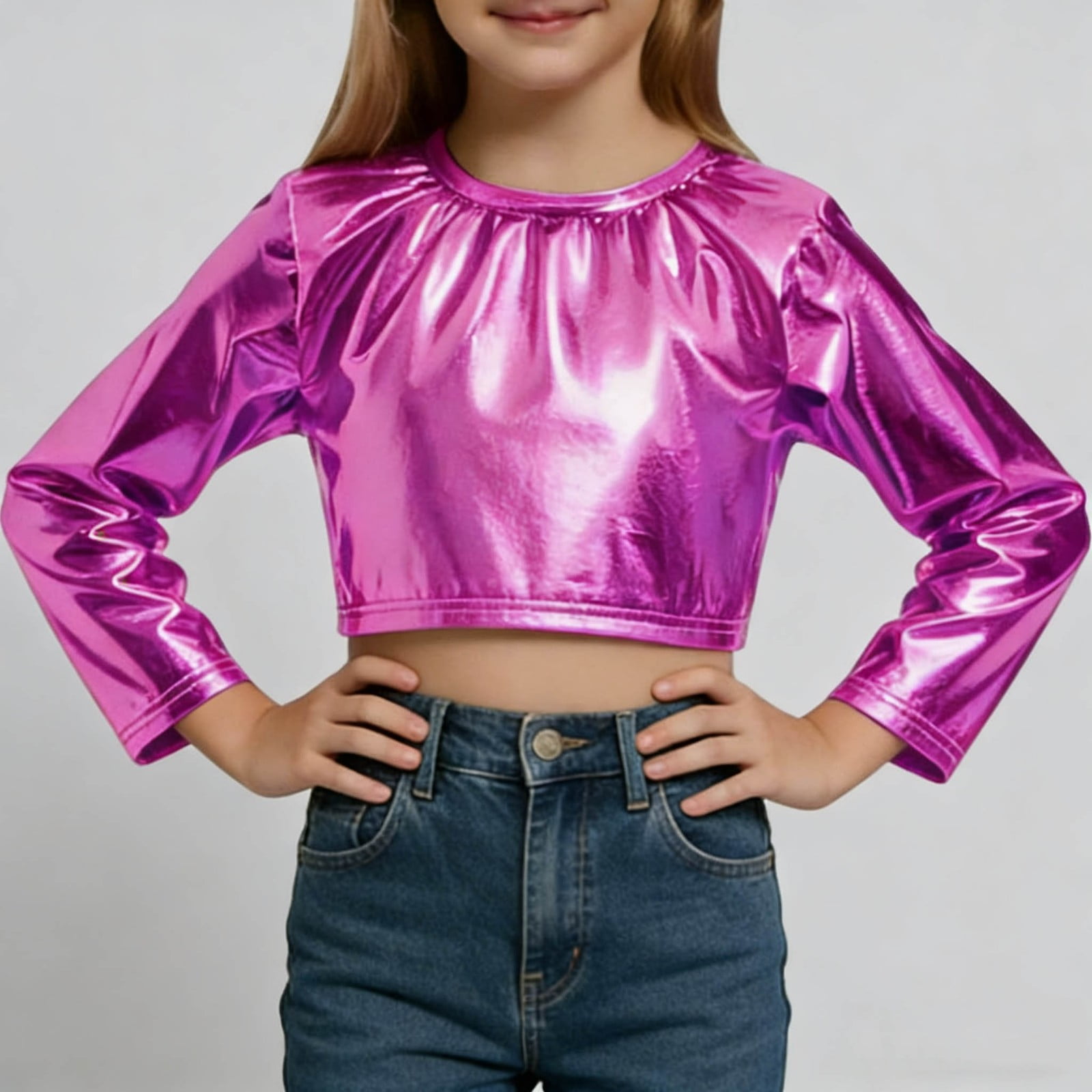 BRGZLK Kids Girls Metallic Dance Tops Solid Color Trendy Glitter Long ...