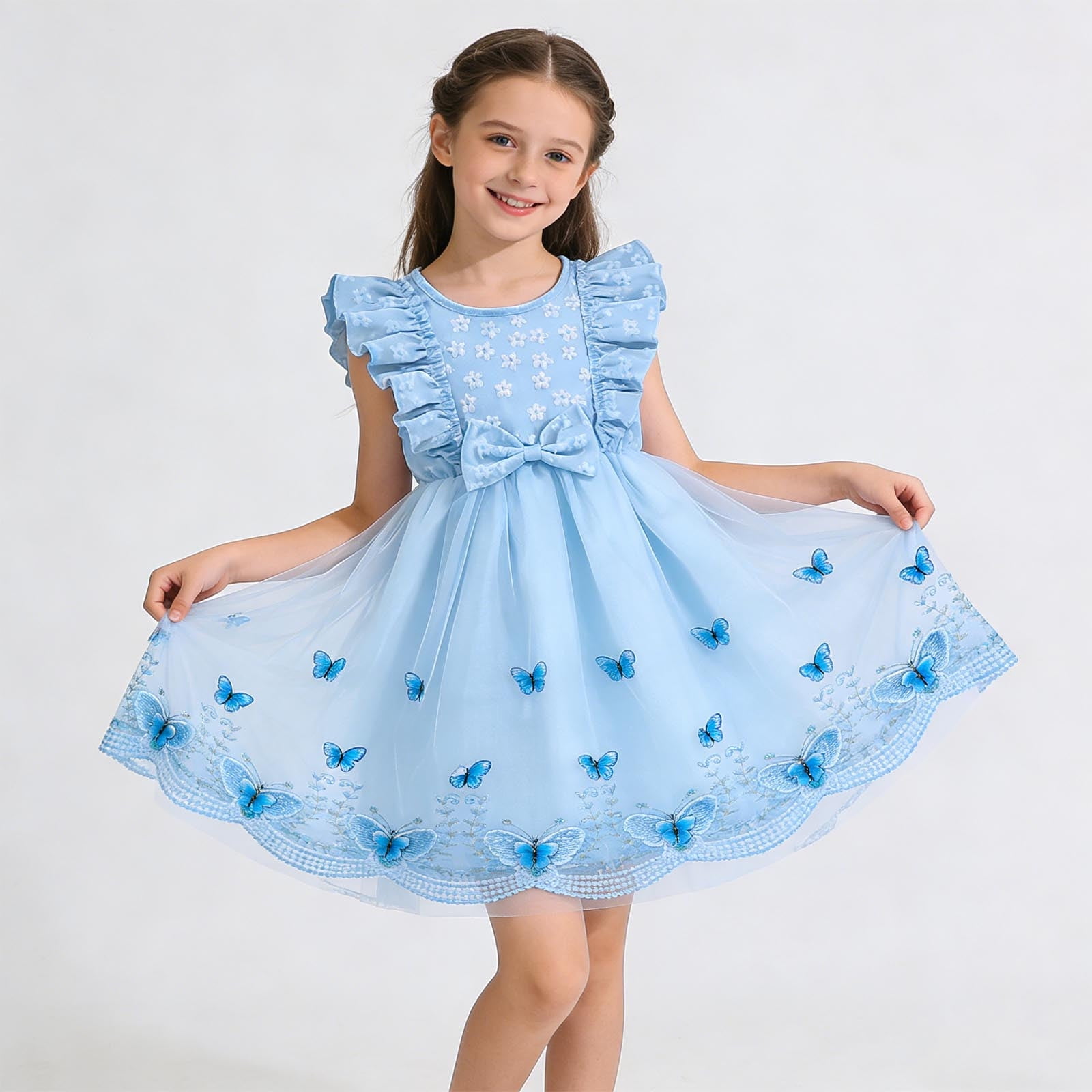 BRGZLK Kids Girls Sweet Bow Sundress Flutter Sleeve 3D Butterfly Net ...