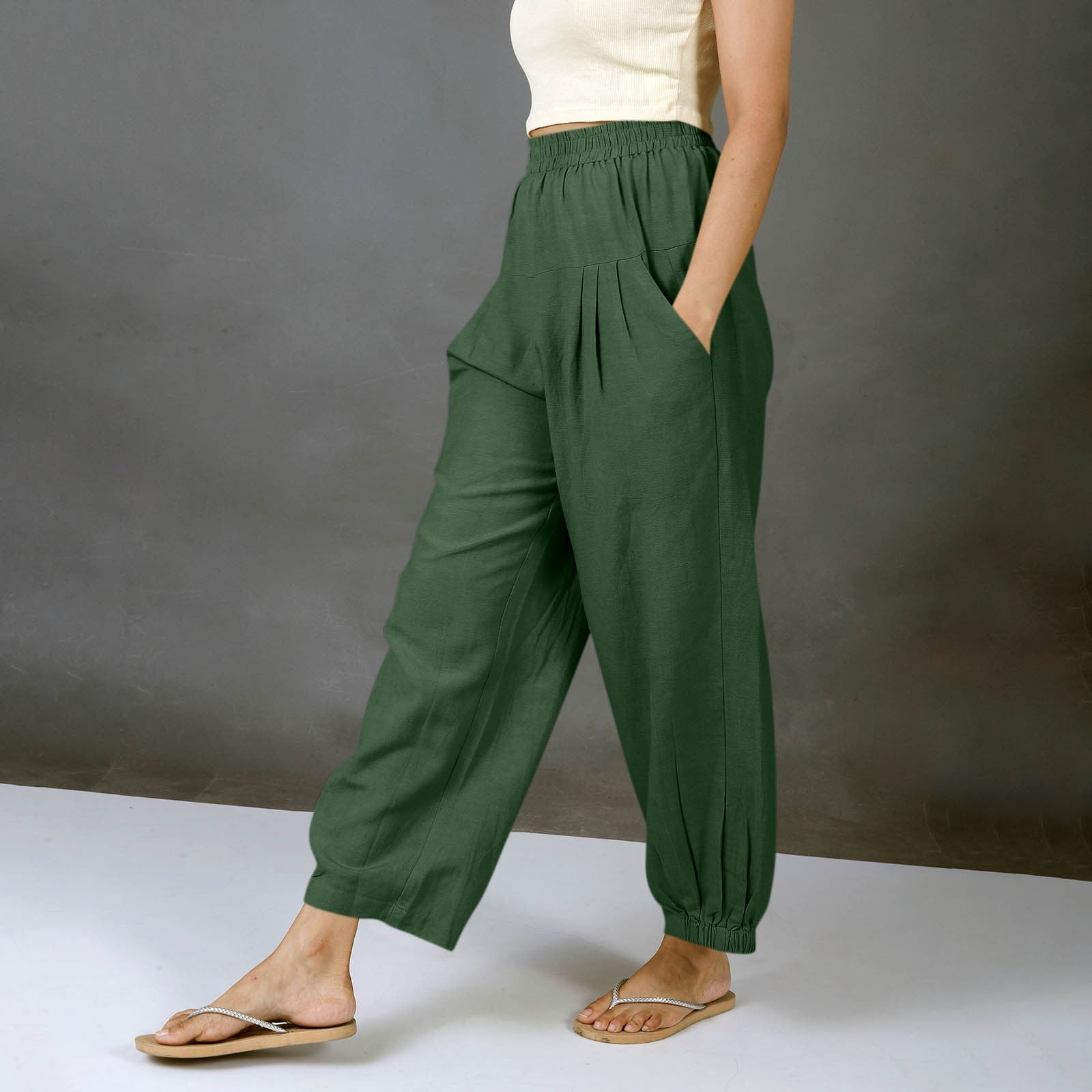 BRGZLK Linen Capri Pants For Women Elastic Waist High Waisted Wide Leg ...
