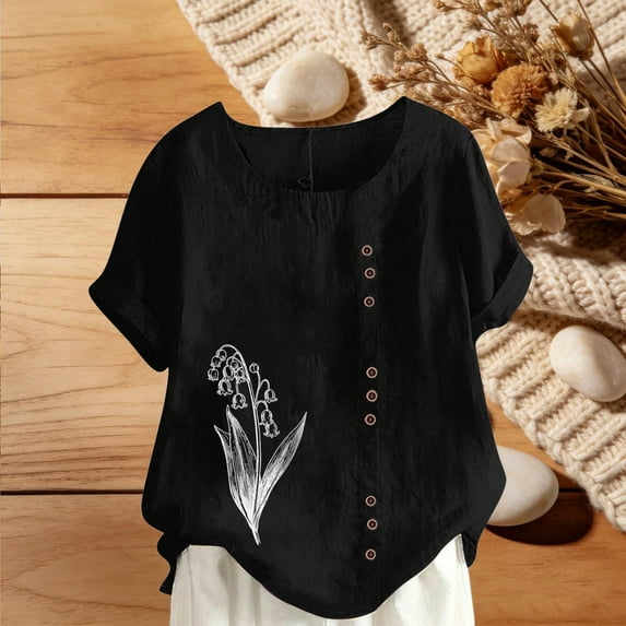 BRGZLK Linen Tops for Women Casual Floral Print Short Sleeve Round Neck ...