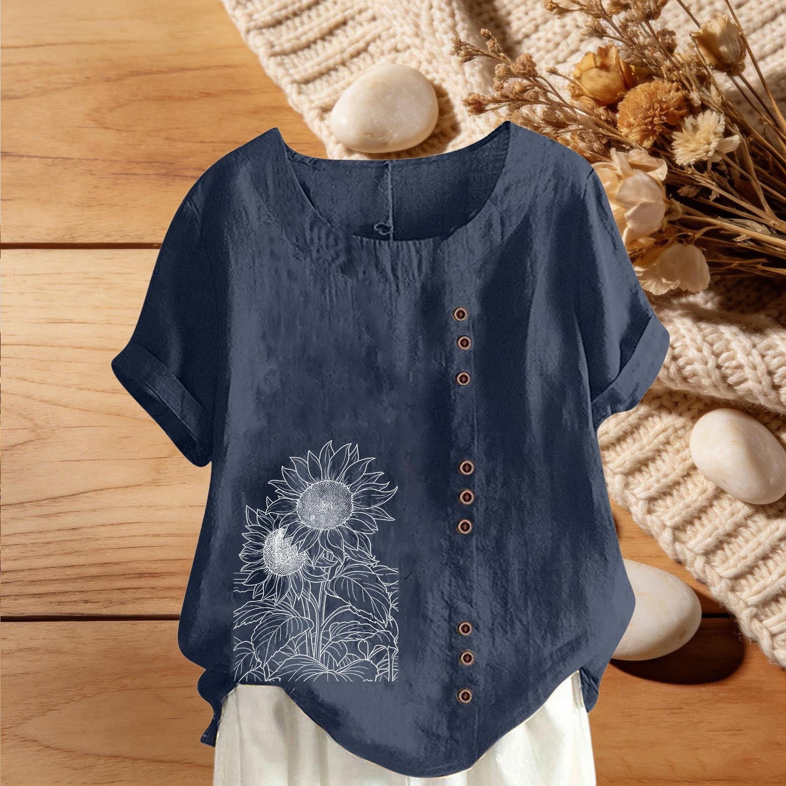 BRGZLK Linen Tops for Women Casual Floral Print Short Sleeve Round Neck ...