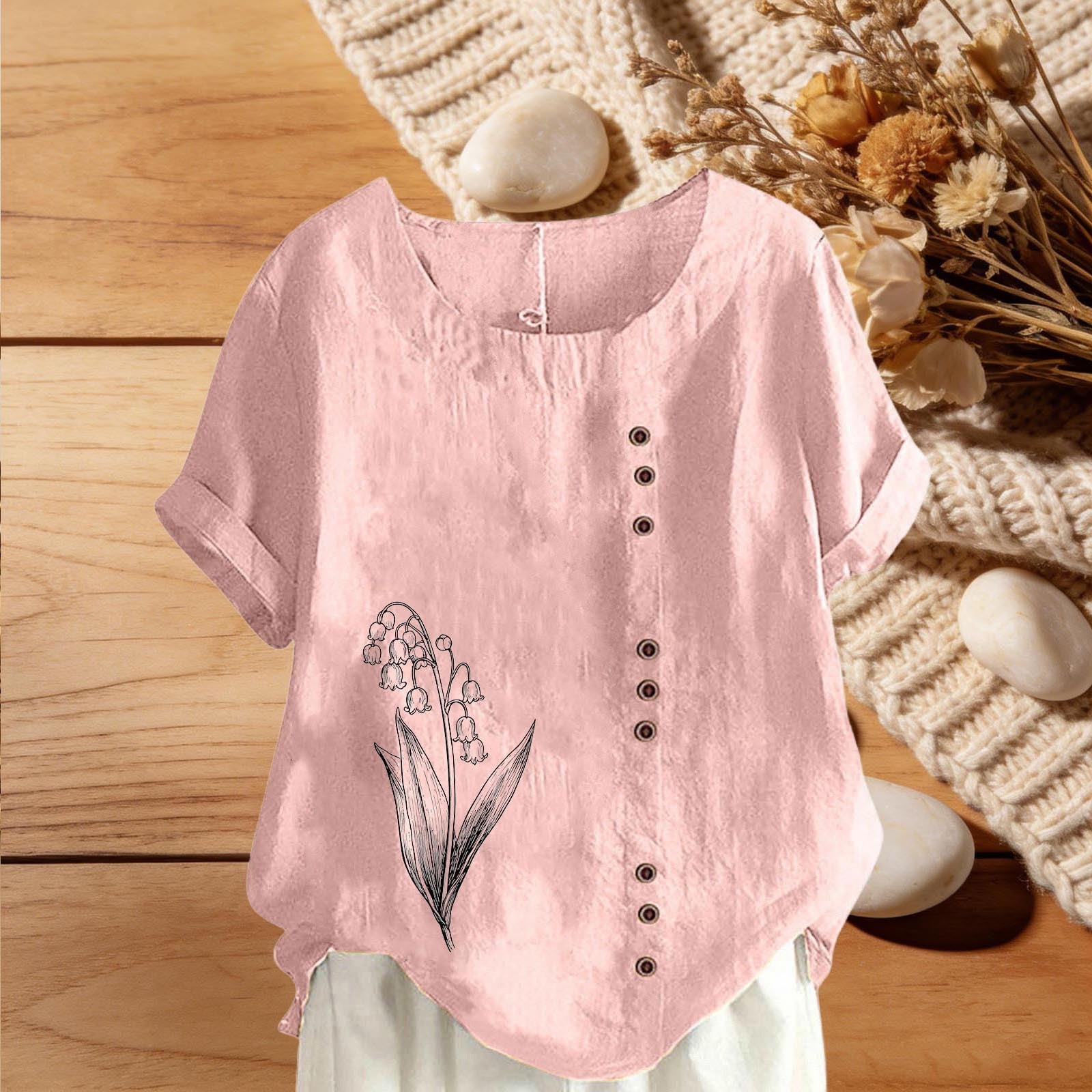 BRGZLK Linen Tops for Women Casual Floral Print Short Sleeve Round Neck ...