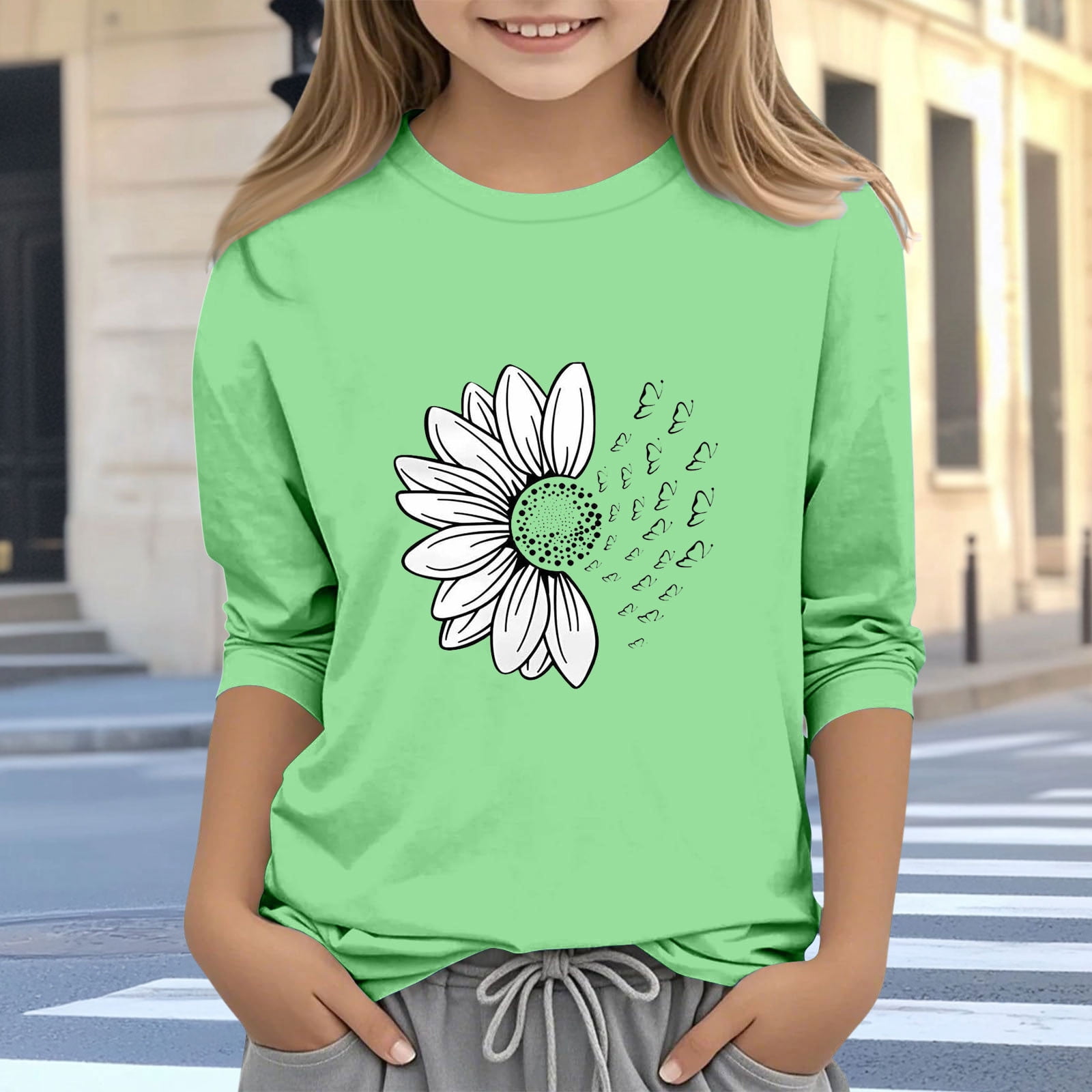 BRGZLK Little Girls Shirts 3/4 Sleeves Round Neck Sunflower Print Loose ...