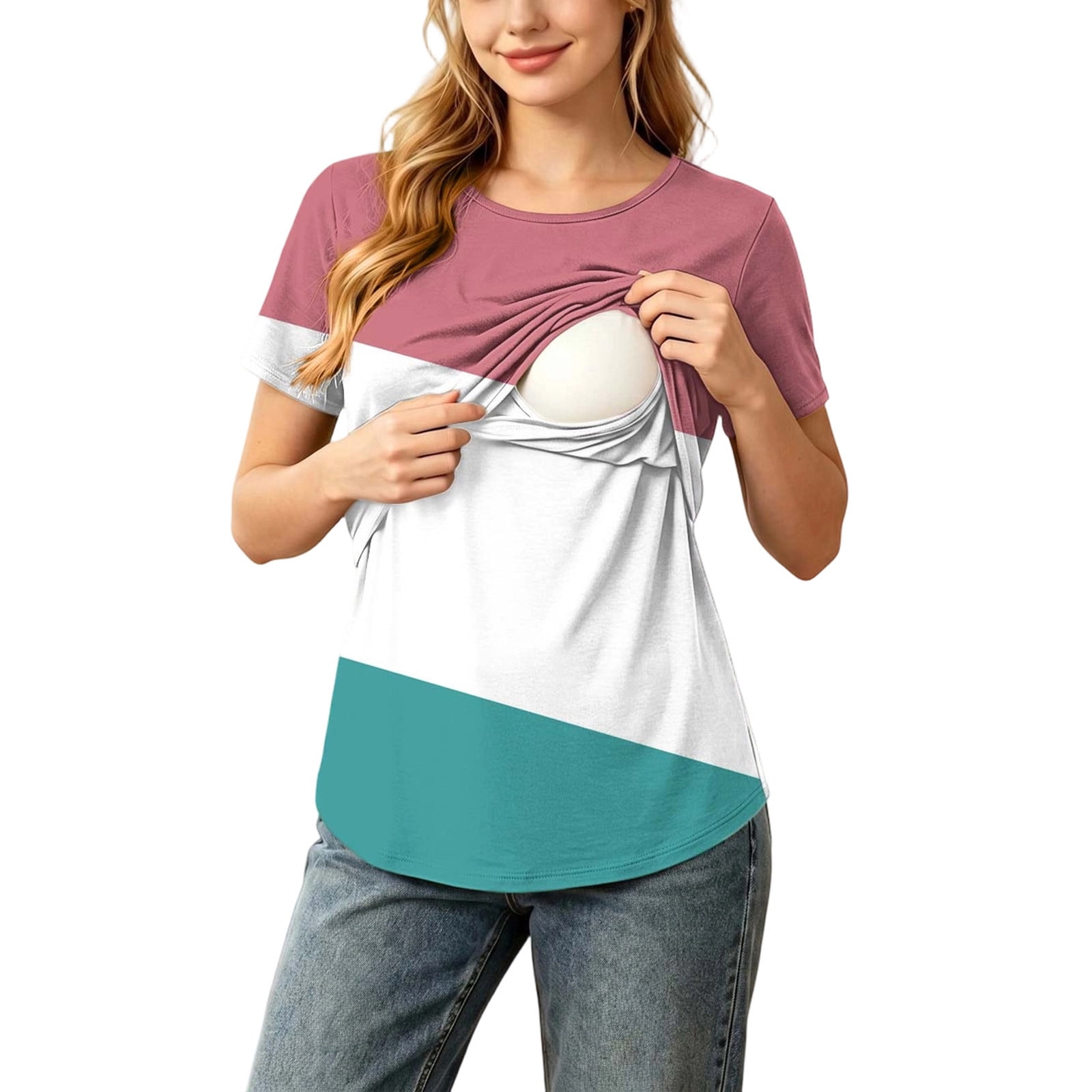 BRGZLK Maternity Color Block Tops Casual Summer Trendy Round Neck Short ...