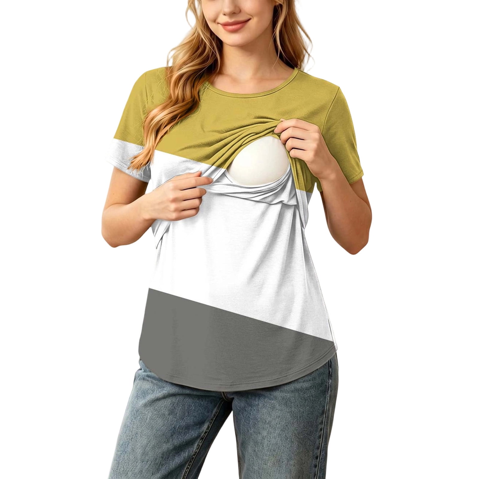 BRGZLK Maternity Color Block Tops Casual Summer Trendy Round Neck Short ...