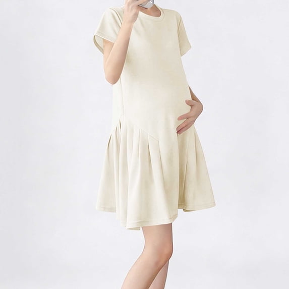 BRGZLK Maternity Summer Dress 2026 Solid Color Ruched Crewneck Short ...