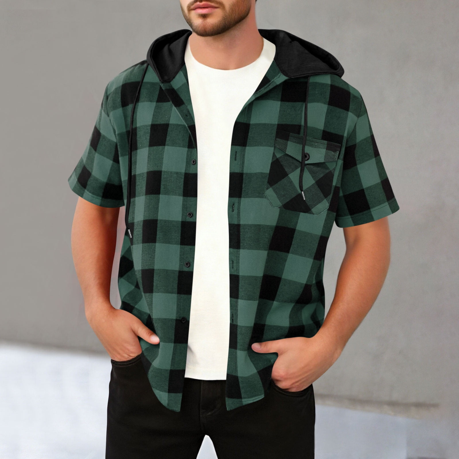 BRGZLK Men Casual Patchwork Fashion Plaid Hooded Button Shorts Sleeve ...