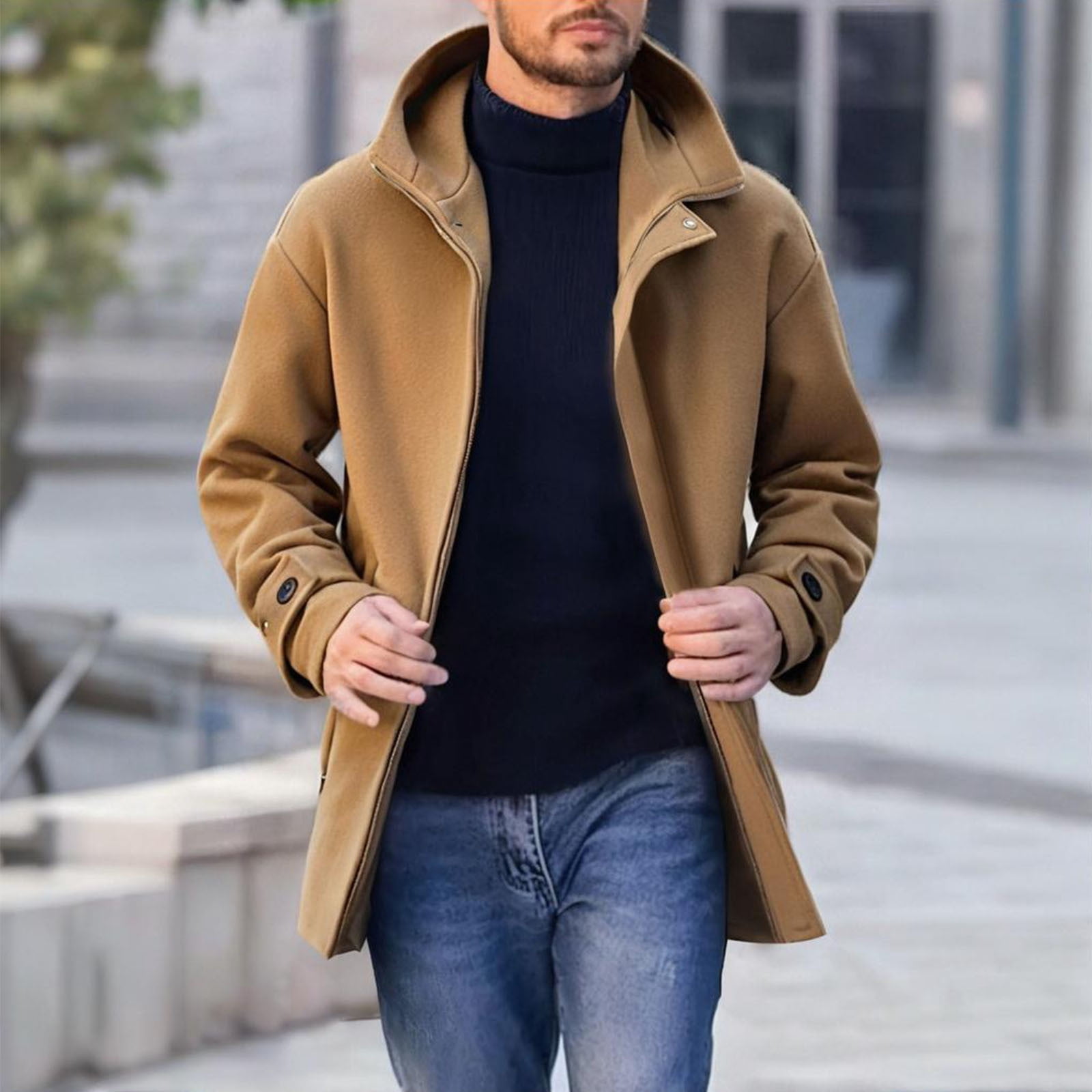 BRGZLK Men Peacoat Casual Fashion Pocket Zipper Solid Color Turn Down ...