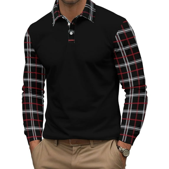 BRGZLK Men Plaid Color Blocking Print Tops Three Button Casual Men Long ...