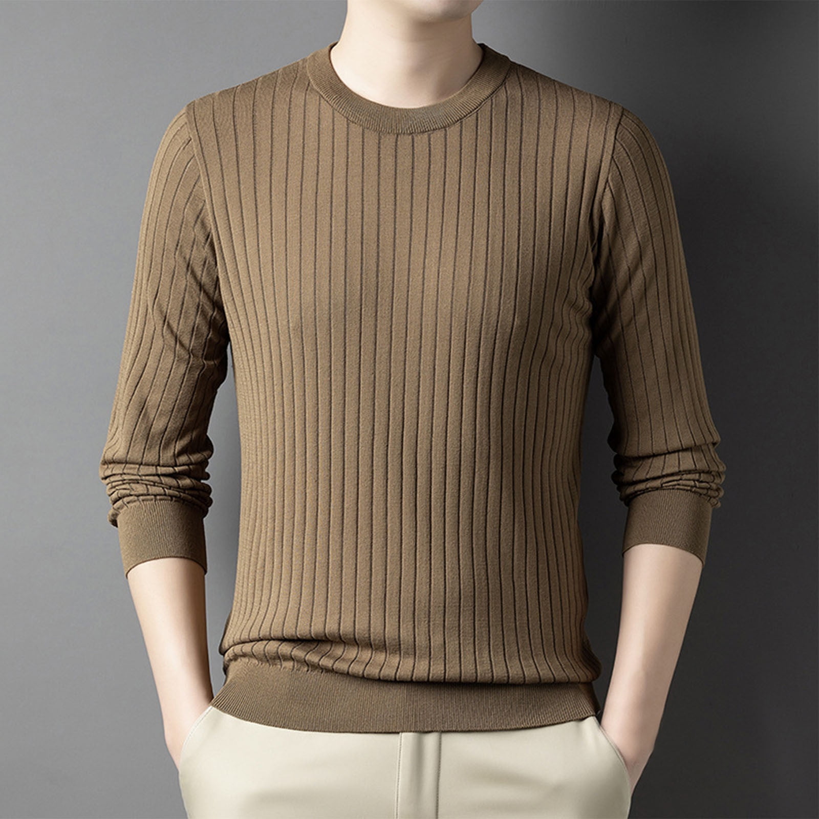 BRGZLK Men Solid Color Sweater Vertical Stripes Thin Round Neck ...