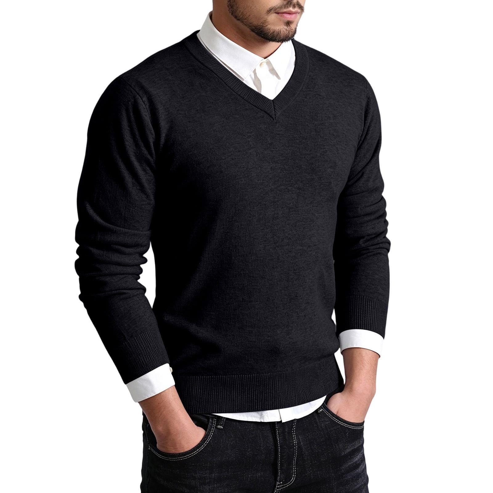 BRGZLK Men V-Neck Pullover Tops Stylish Solid Color Long Sleeve Sweater ...