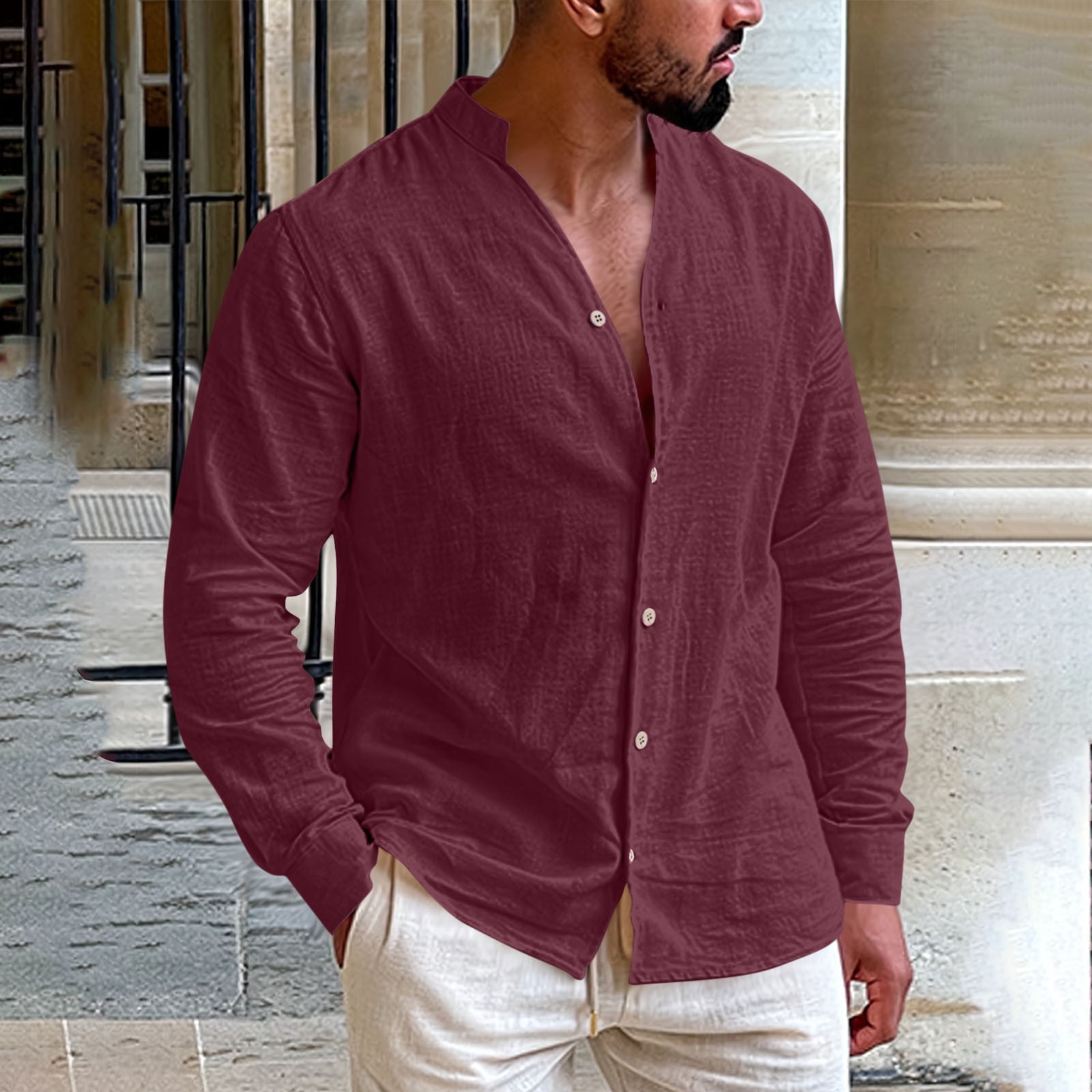 BRGZLK Men's Linen Shirt Trendy Novel Banded Collar Button Up Long ...