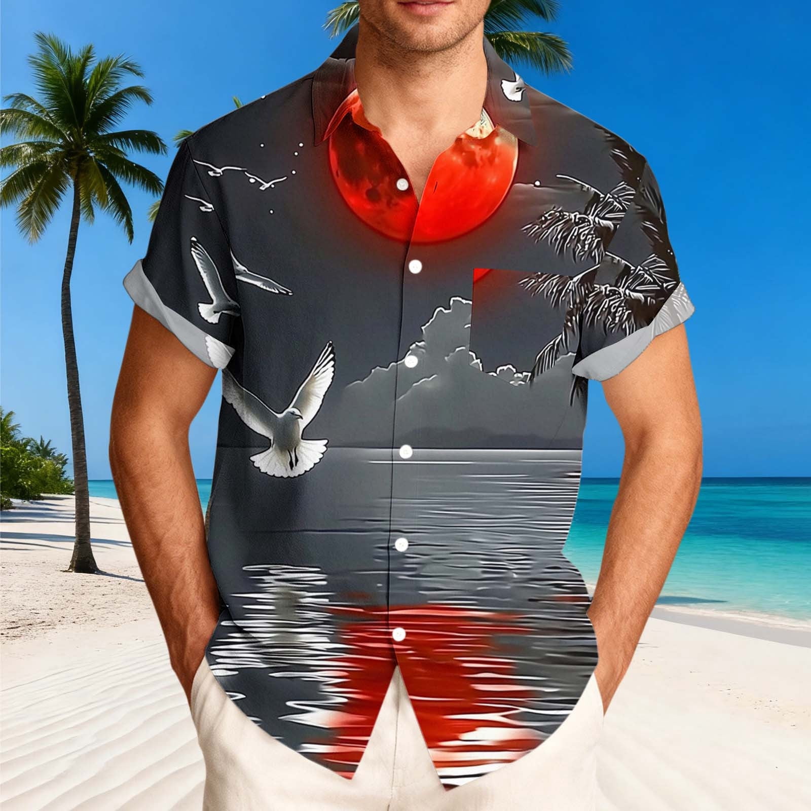 BRGZLK Men's Short Sleeves Hawaiian Shirt Sunset Coconut Printed Button ...