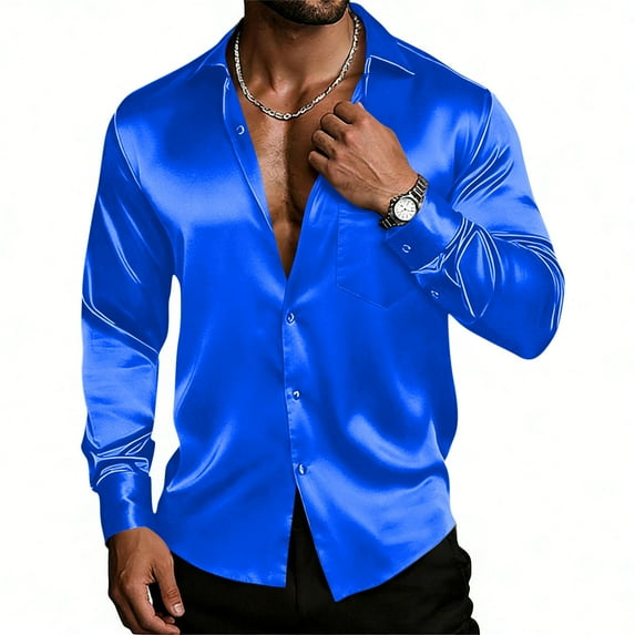 BRGZLK Men's Silk Satin Long Sleeve Dress Shirts Trendy Shiny Button ...