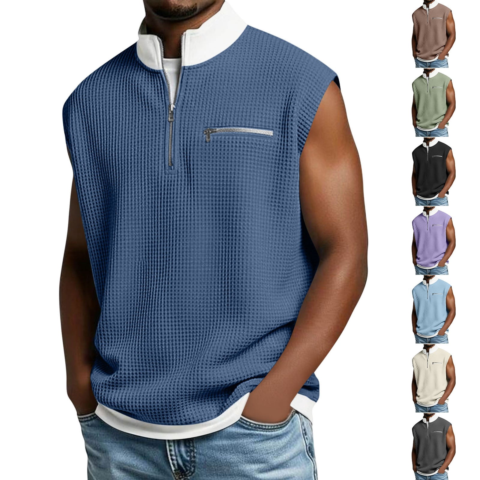 BRGZLK Men's Waffles Tank Tops Fashion Half Zip Stand Collar Sleeveless ...