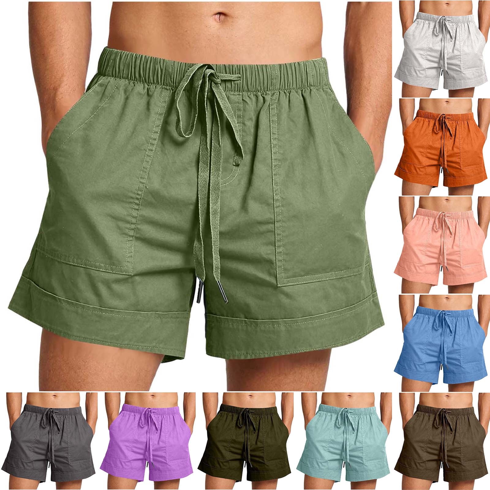 BRGZLK Mens Cotton Linen 5 Inches Shorts Solid Color Casual Drawstring ...