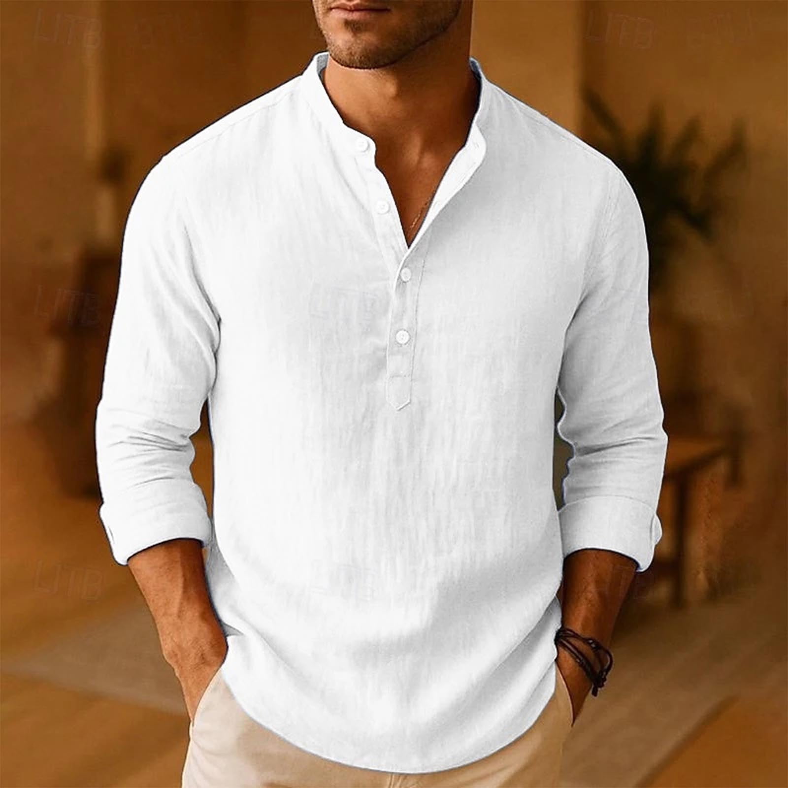 BRGZLK Mens Linen Henley Shirts Casual Trendy Solid Color Stand Collar ...
