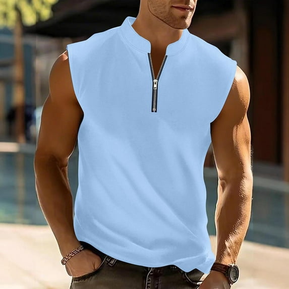 BRGZLK Mens Muscle Tank Tops Solid Color Summer Button-Down Stand ...