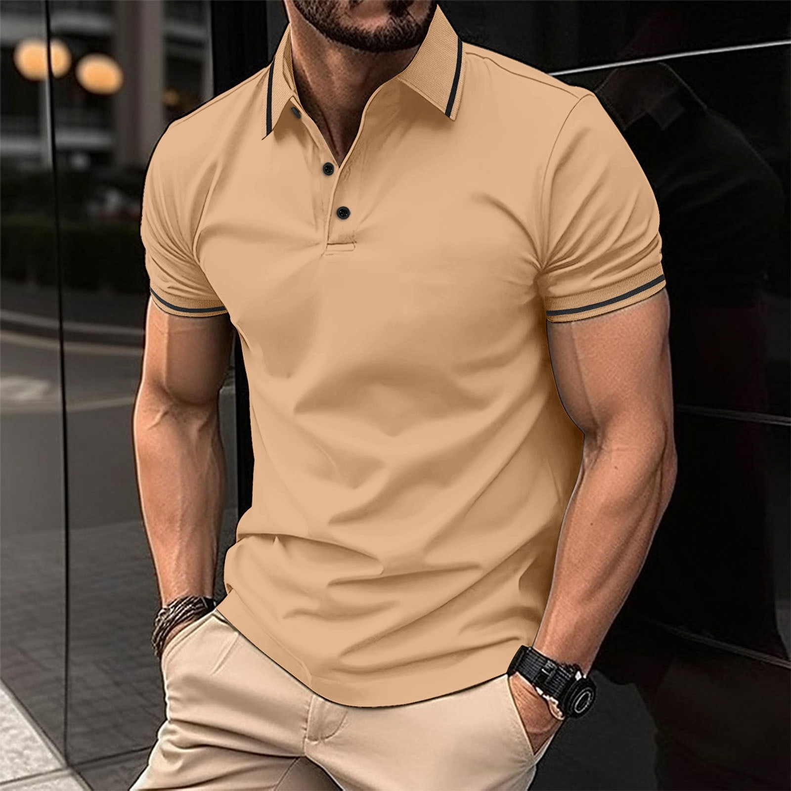 BRGZLK Mens Polo Shirts Casual Trendy Solid Color Turn-Down Collar ...