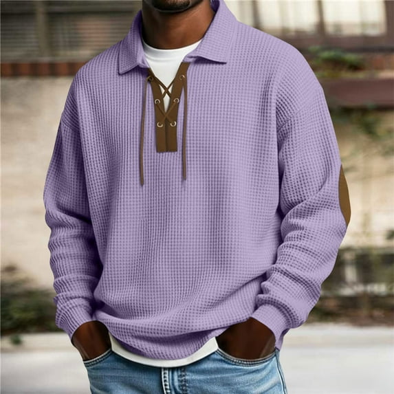 BRGZLK Mens Waffle Sweatshirts Color Blocking Long Sleeve Turn Down ...