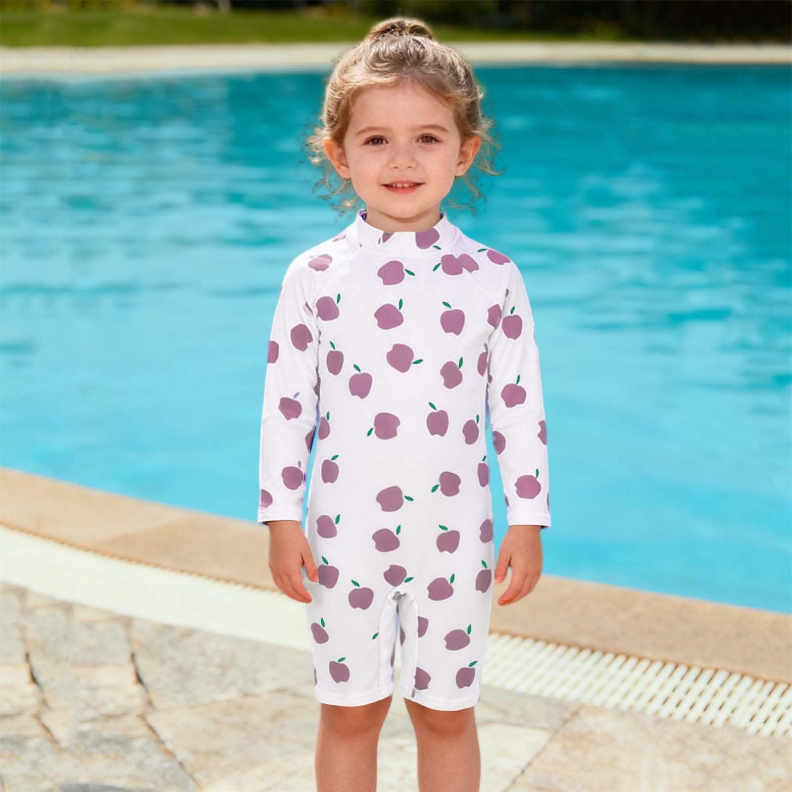 BRGZLK One Piece Swimsuits for Girls Cute Apple Print Long Sleeve Round Neck Sun ProtectionBeach ...