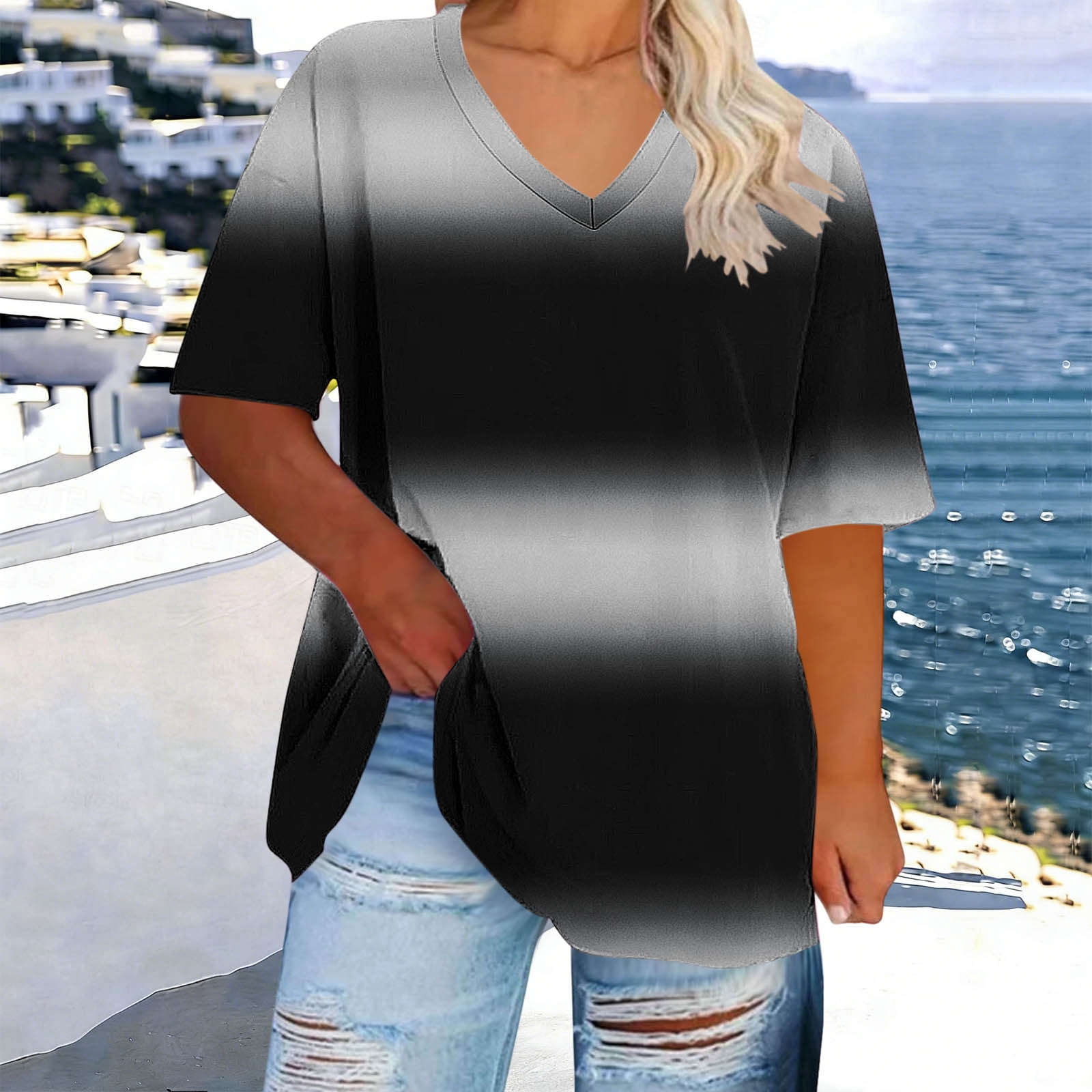 BRGZLK Plus Size Tops for Women Summer Trendy Gradient Striped V Neck ...