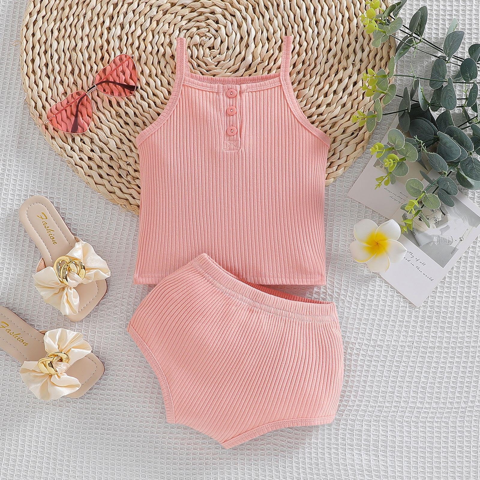 BRGZLK Set Girls' Suit Clothing Summer Solid Color Rib Knit Slim Fit ...