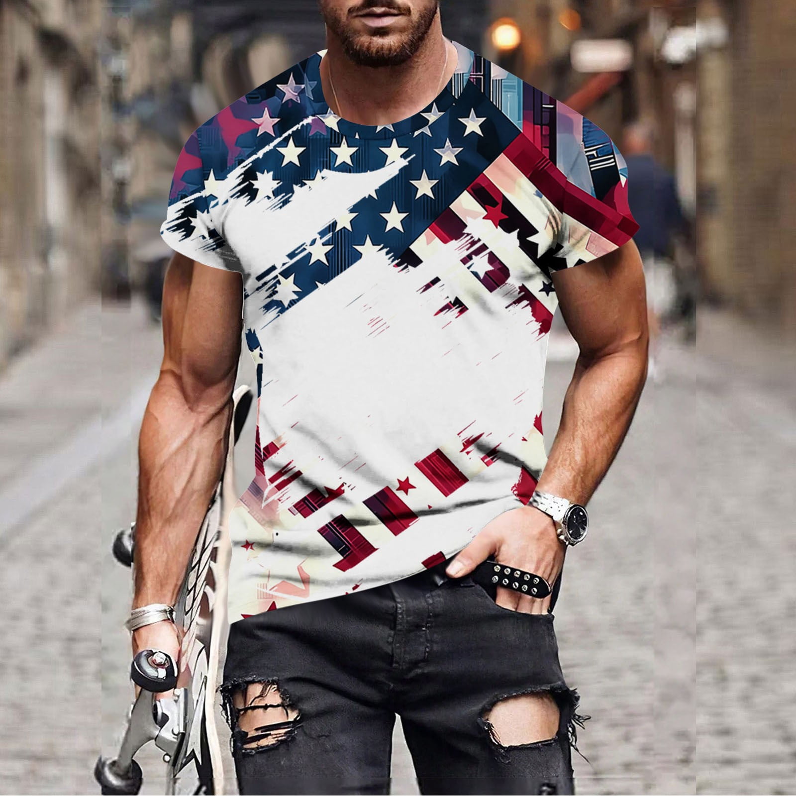 BRGZLK Short Sleeve Blouses For Men Crew Neck Print Pattern Summer Easy ...