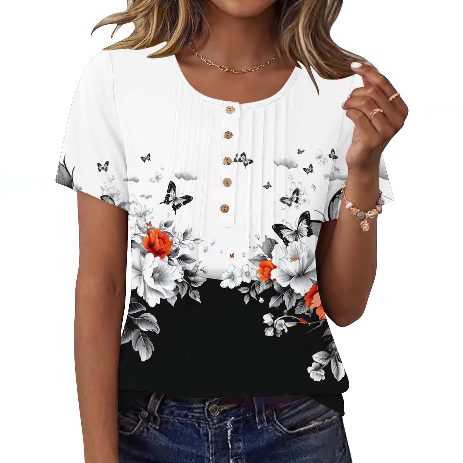 BRGZLK Short Sleeve Blouses For Women Button Details Summer Wrinkle ...
